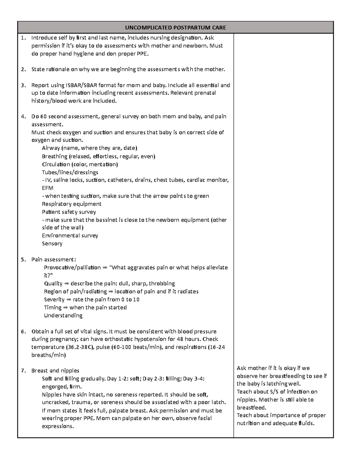 Bedside Assessment Guide for Mom - UNCOMPLICATED POSTPARTUM CARE ...