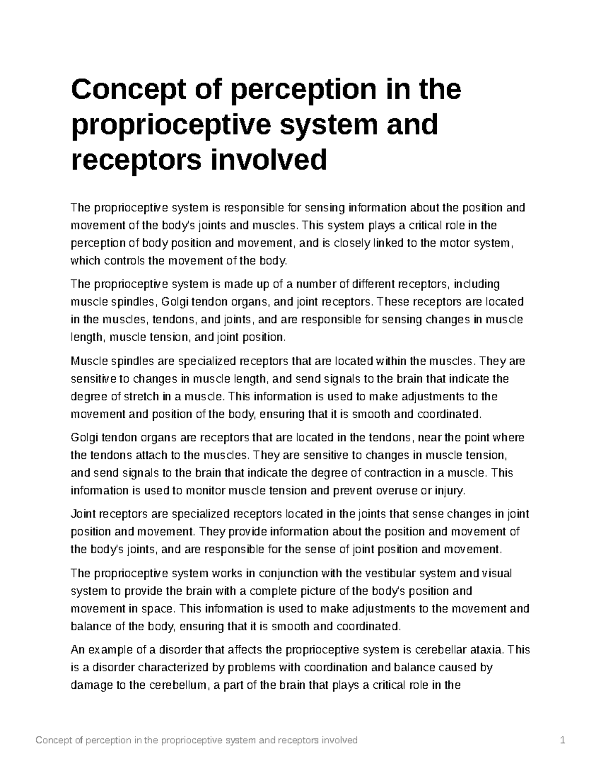 Concept of perception in the proprioceptive system and receptors ...