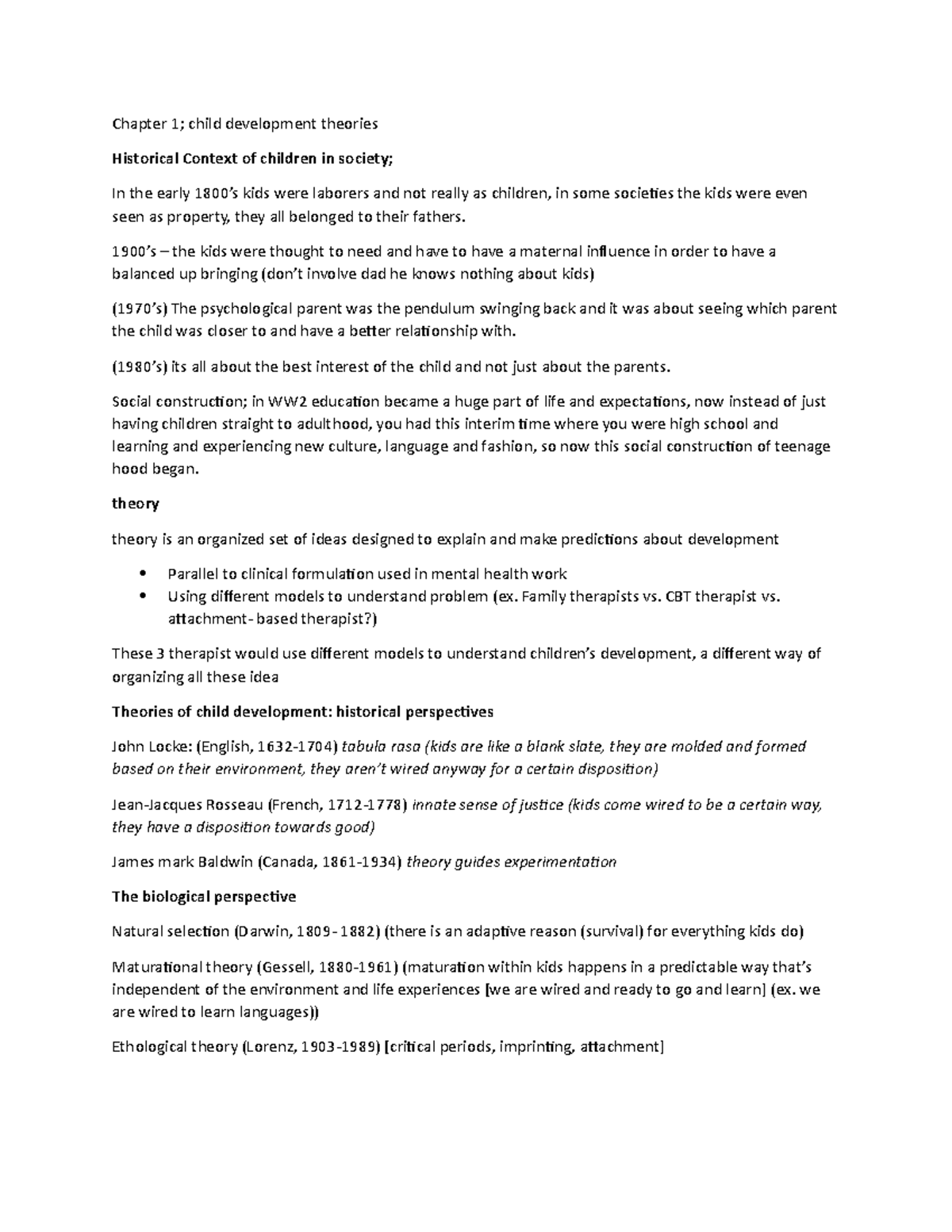Psych CD - chapter 1 - Chapter 1; child development theories Historical ...