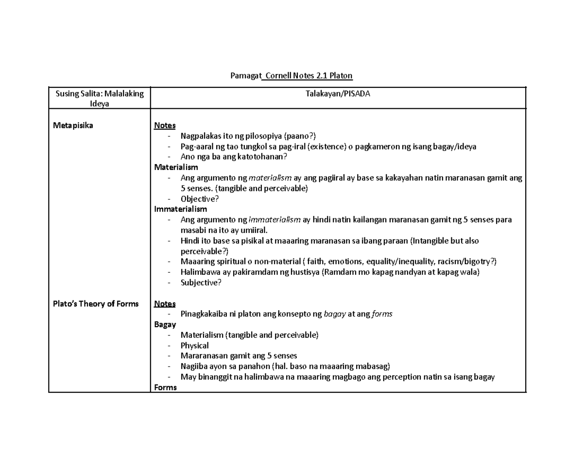 Plato Notes - Pamagat Cornell Notes 2 Platon Susing Salita: Malalaking ...
