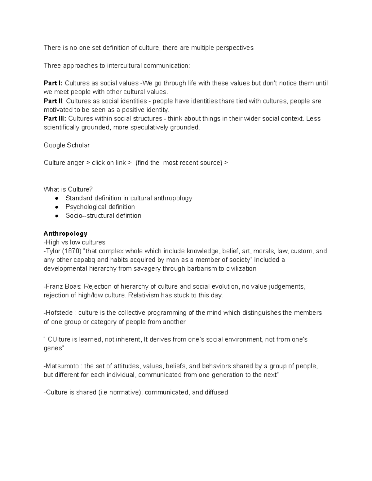 COM 123 Notes - There is no one set definition of culture, there are ...