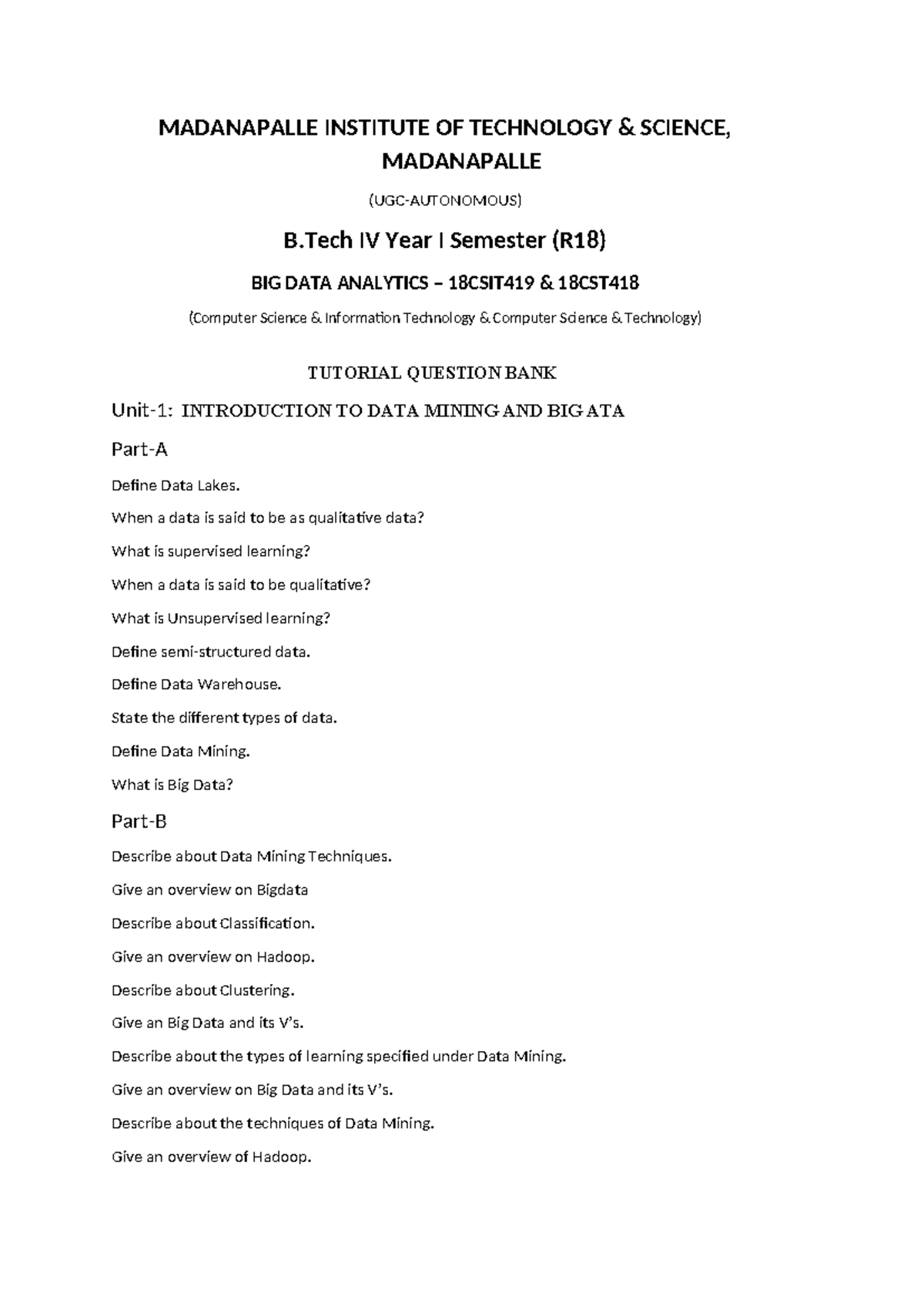 BDA Unit wise Question Bank - MADANAPALLE INSTITUTE OF TECHNOLOGY & SCIENCE, MADANAPALLE - Studocu