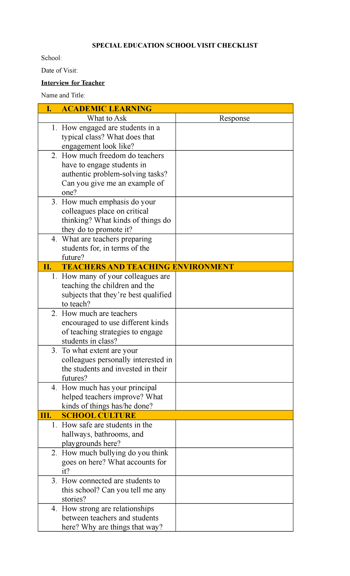 Special Education School Visit Checklist - SPECIAL EDUCATION SCHOOL ...