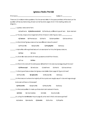 Metamorphic Rocks - Quiz - Metamorphic Rocks Pre-lab Print Name Section ...