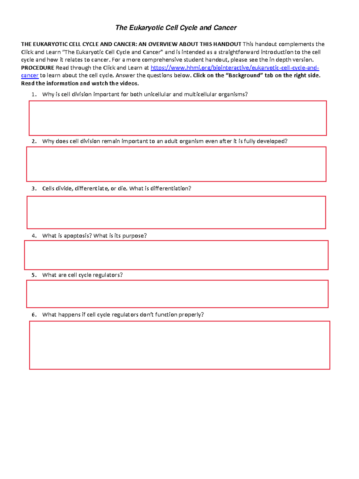 The Eukaryotic Cell Cycle and Cancer - For a more comprehensive student ...