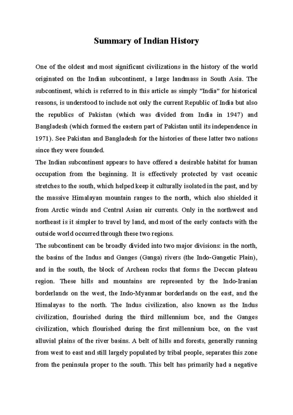 Summary of Indian History - The subcontinent, which is referred to in ...