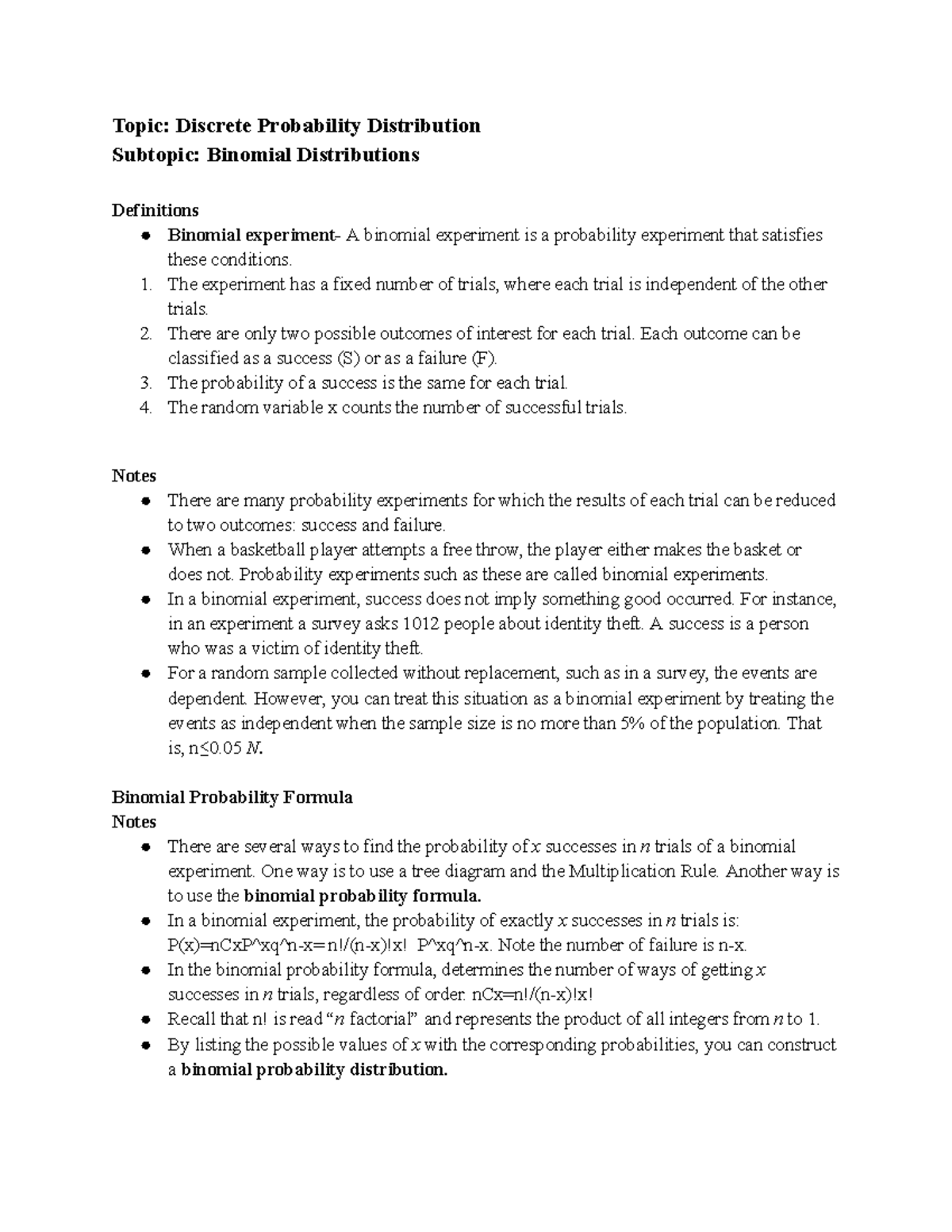 Binomial Distributions 4.2 notes - Topic: Discrete Probability ...