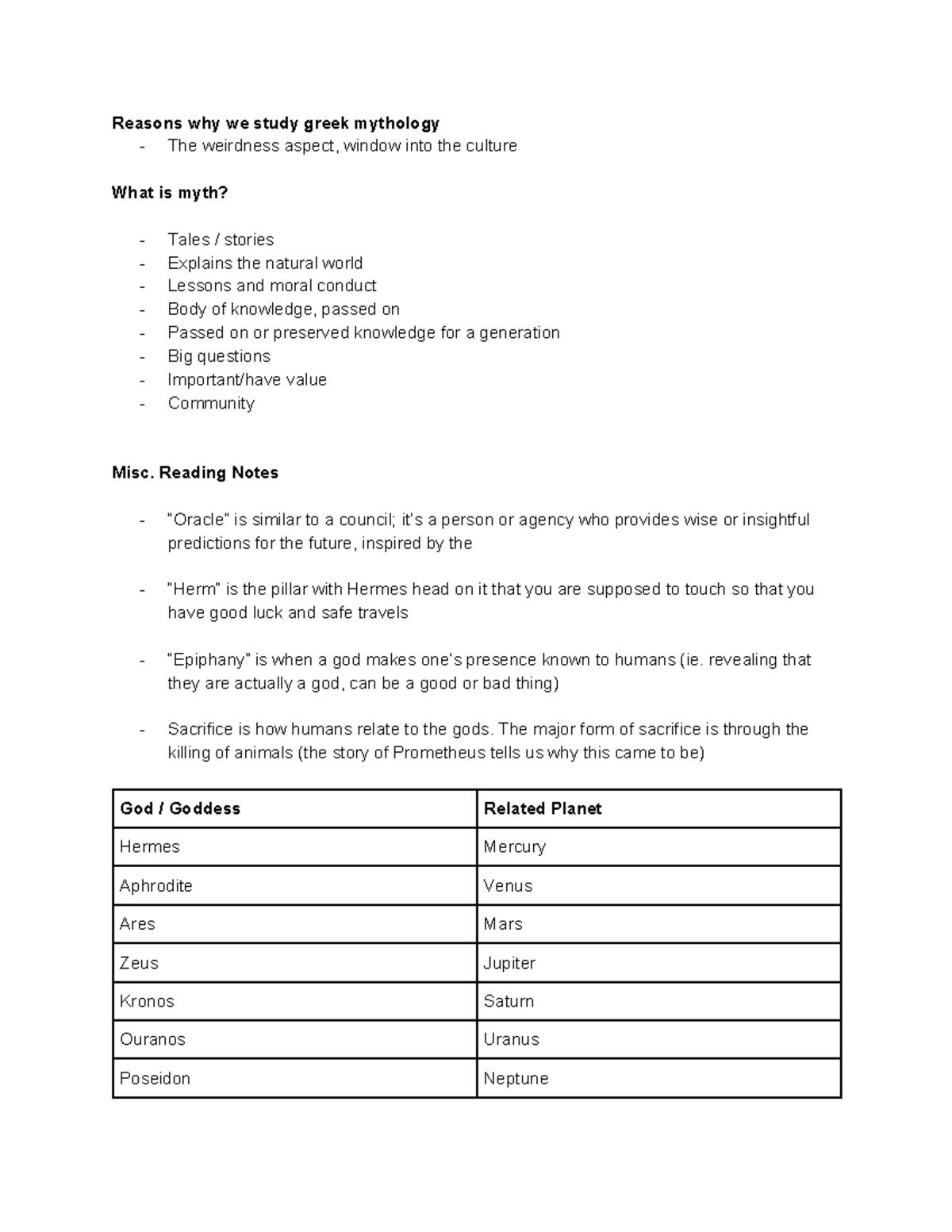 CLASS40 Greek Mythology Lecture Notes (pre-midterm 1) - Reasons why we ...