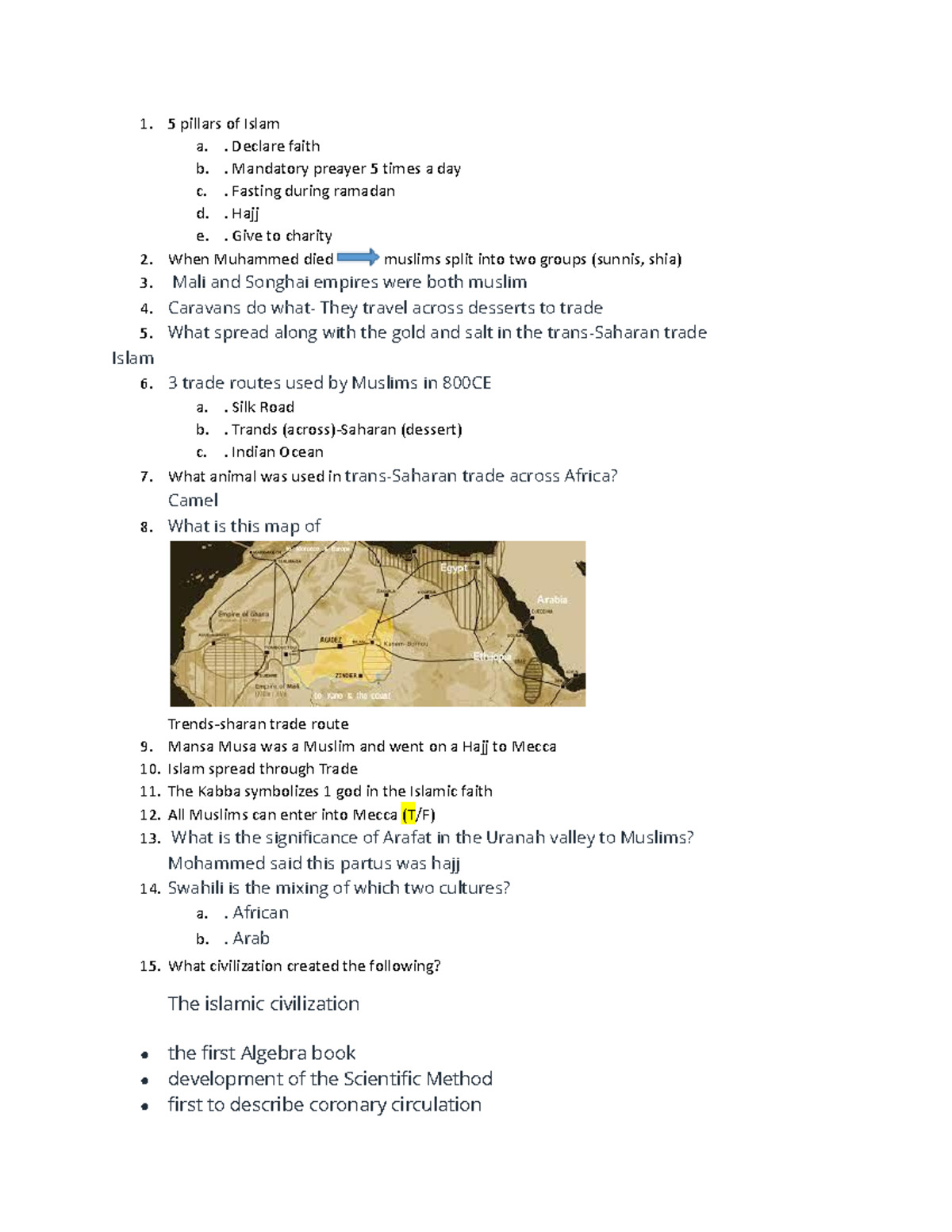 Study guide unit 4 - 5 pillars of Islam a.. Declare faith b.. Mandatory ...