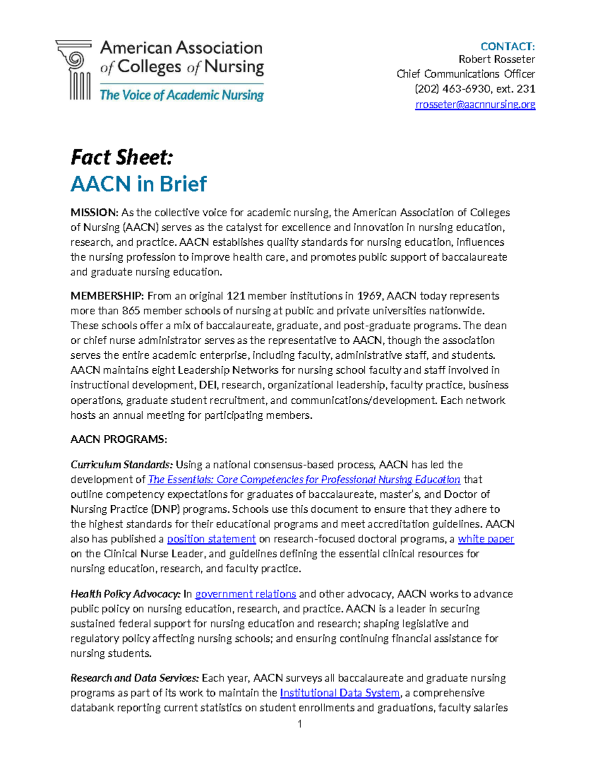 AACN-Fact-Sheet - AACN Fact sheet - 1 CONTACT: Robert Rosseter Chief ...