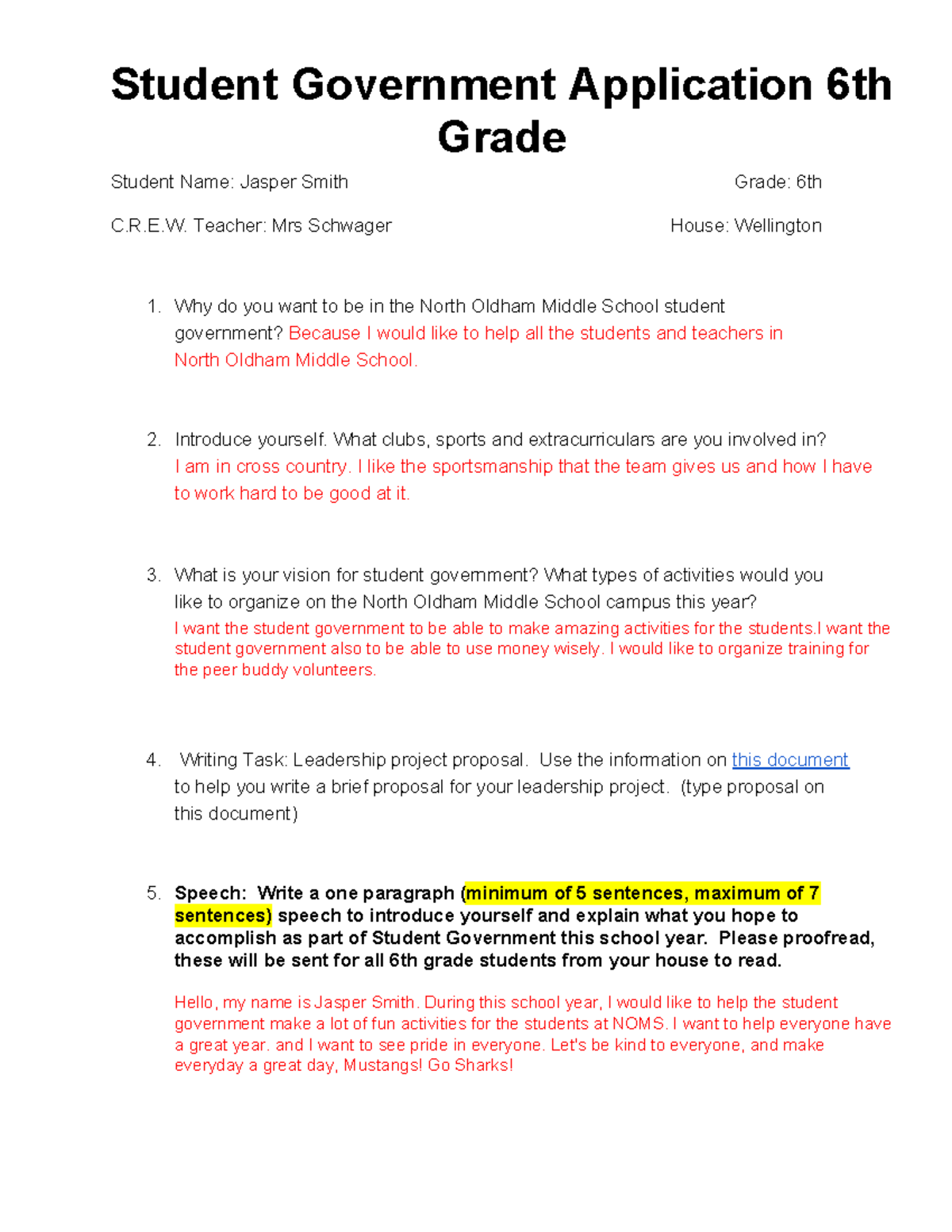 Jasper Smith 6th Grade Student Goverment Application 2019-2020 ...