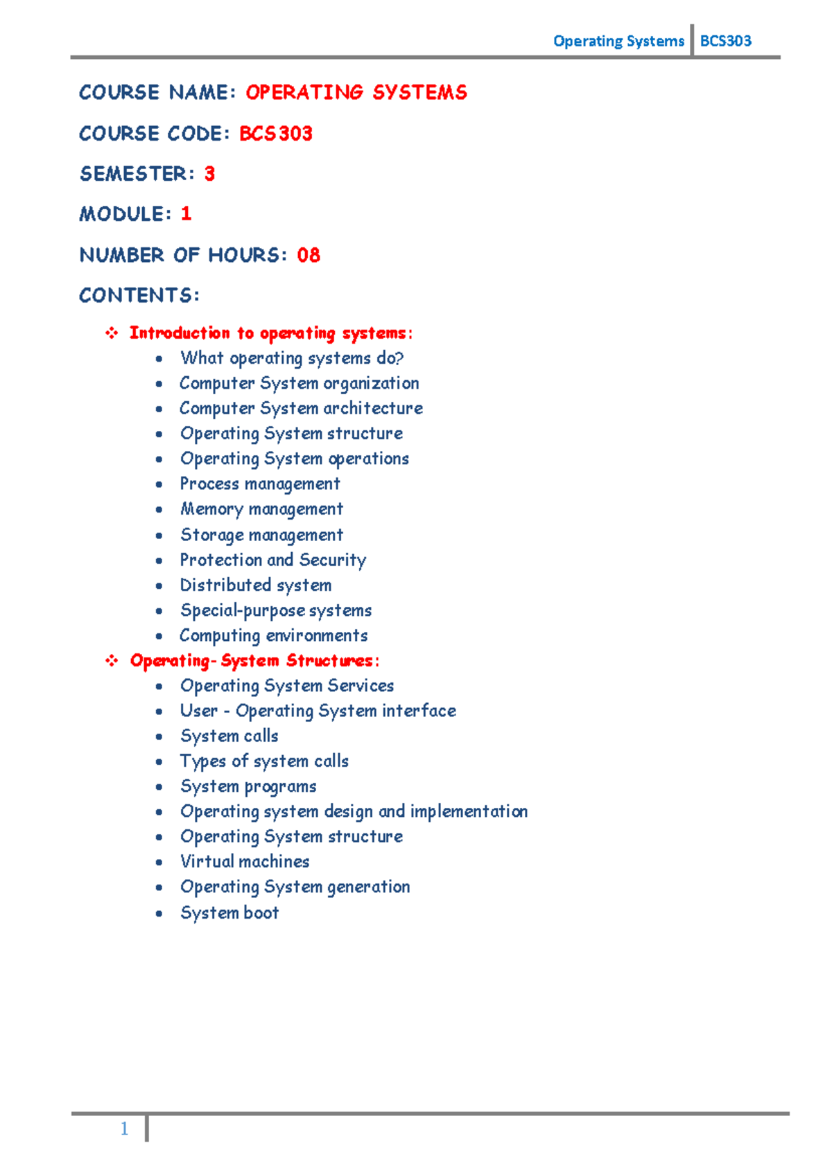 BCS303 OS Module 1 - COURSE NAME: OPERATING SYSTEMS COURSE CODE: BCS SEMESTER: 3 MODULE: 1 ...