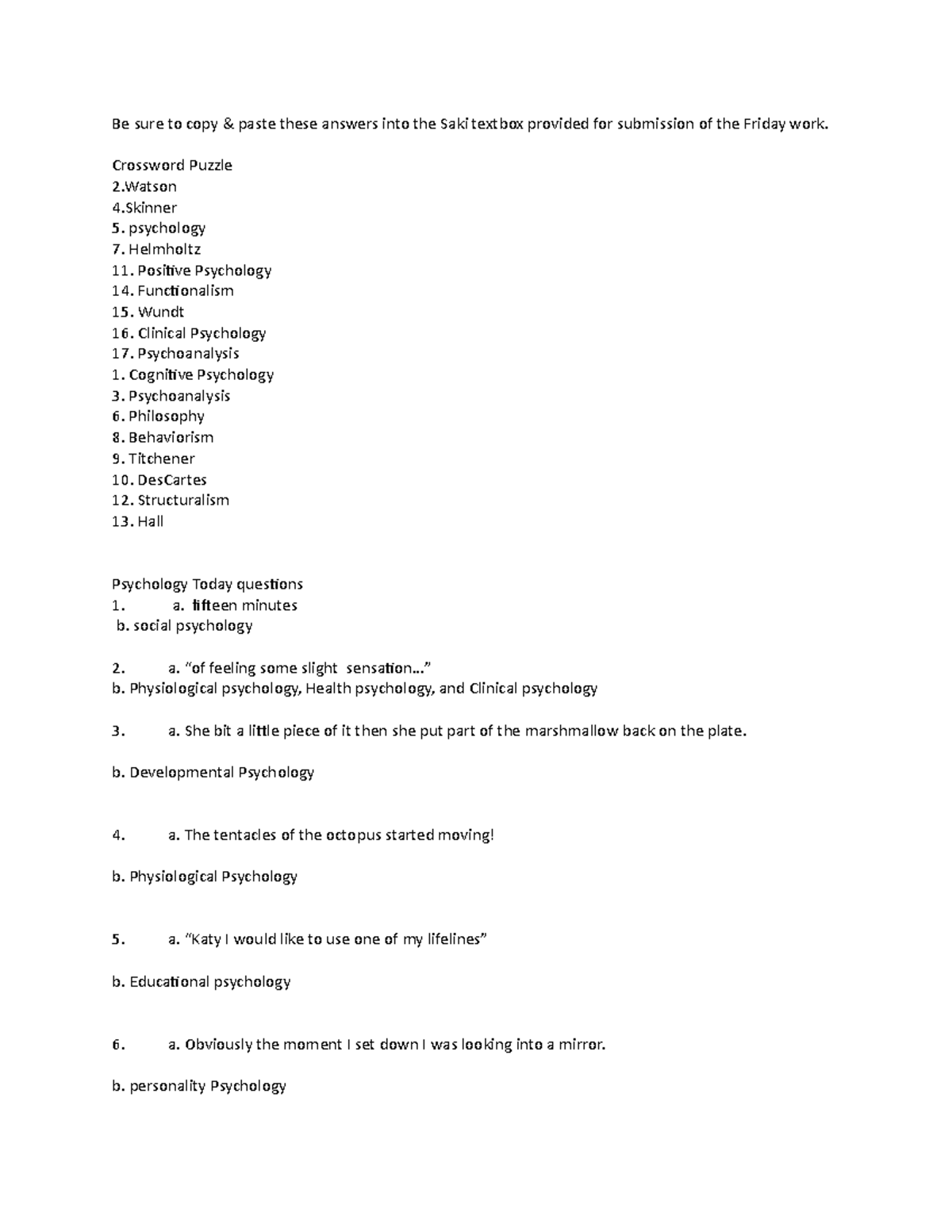 101 Introduction to Psychology Answer Sheet - Be sure to copy & paste ...
