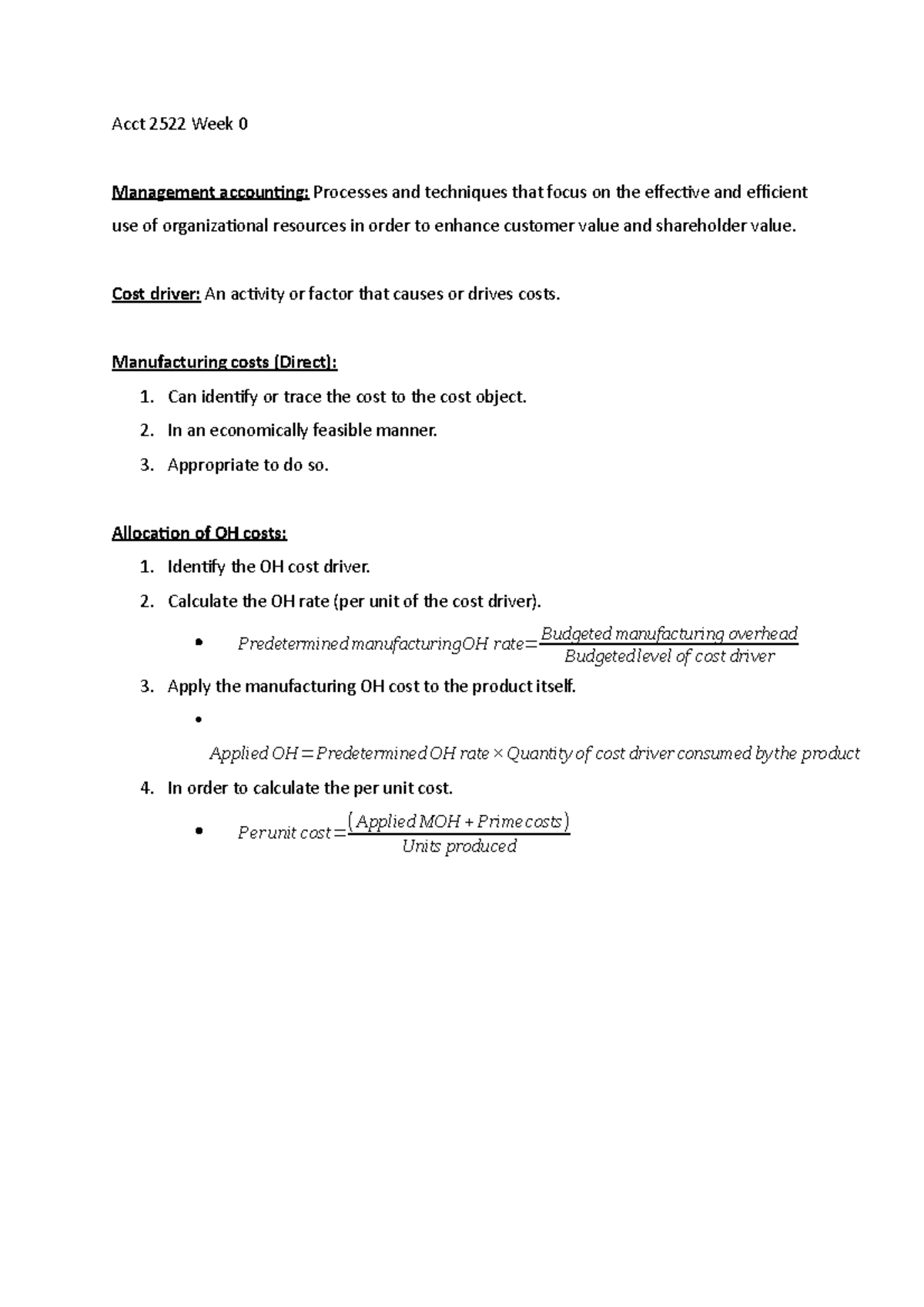 Acct2522 week 0 - uub - Acct 2522 Week 0 Management accounting ...