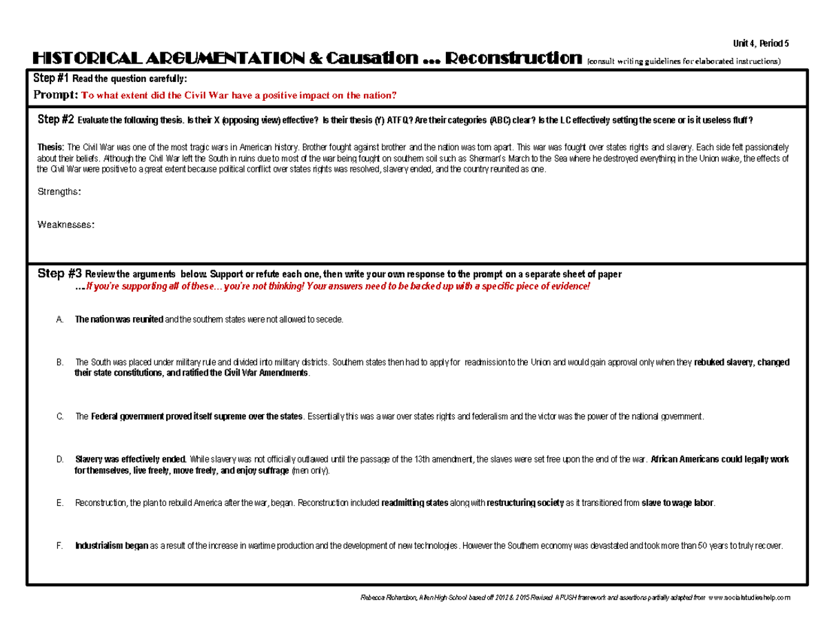 Causation- Reconstruction - Unit 4, Period 5 Rebecca Richardson, Allen ...
