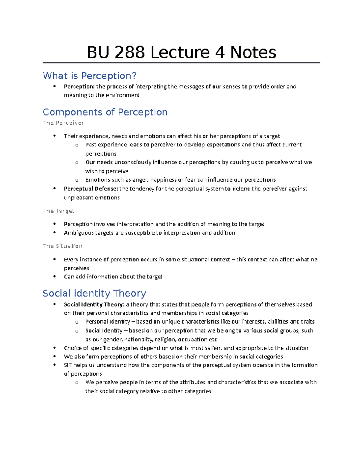 BU 288 Perception Notes - BU 288 Lecture 4 Notes What is Perception ...