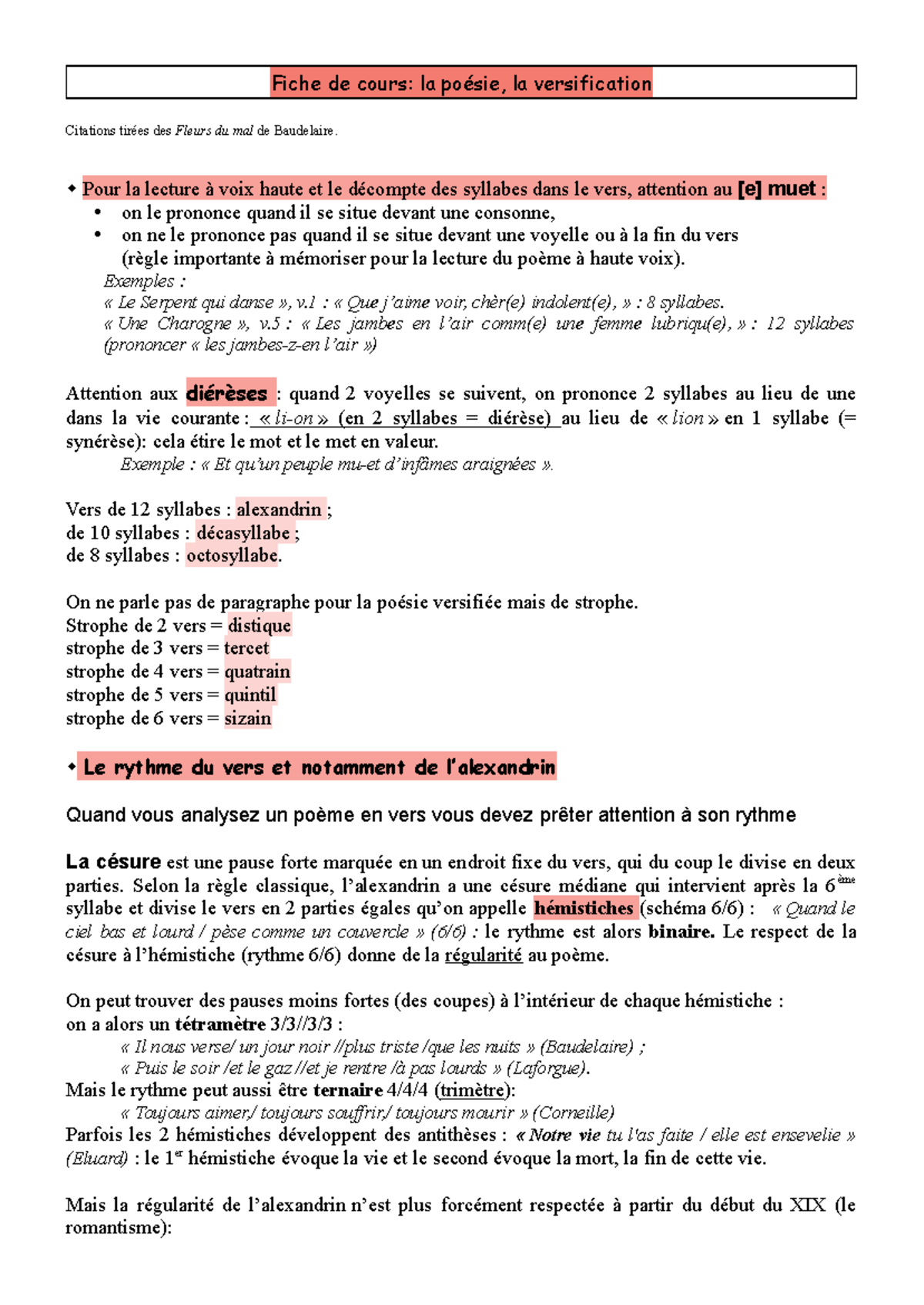 Versification - Fiche de cours: la poésie, la versification Citations ...