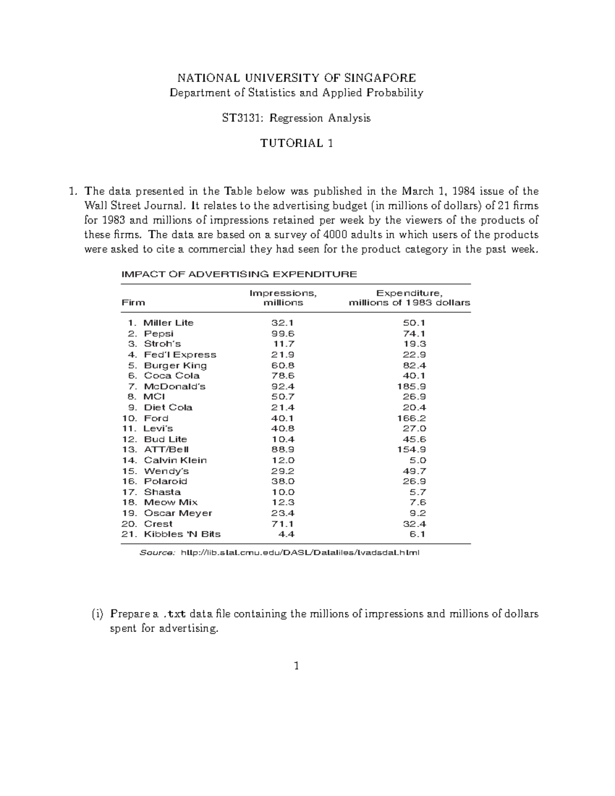 ST3131 hw1 - Practice on R code for simple linear regression models. - NATIONAL UNIVERSITY OF ...