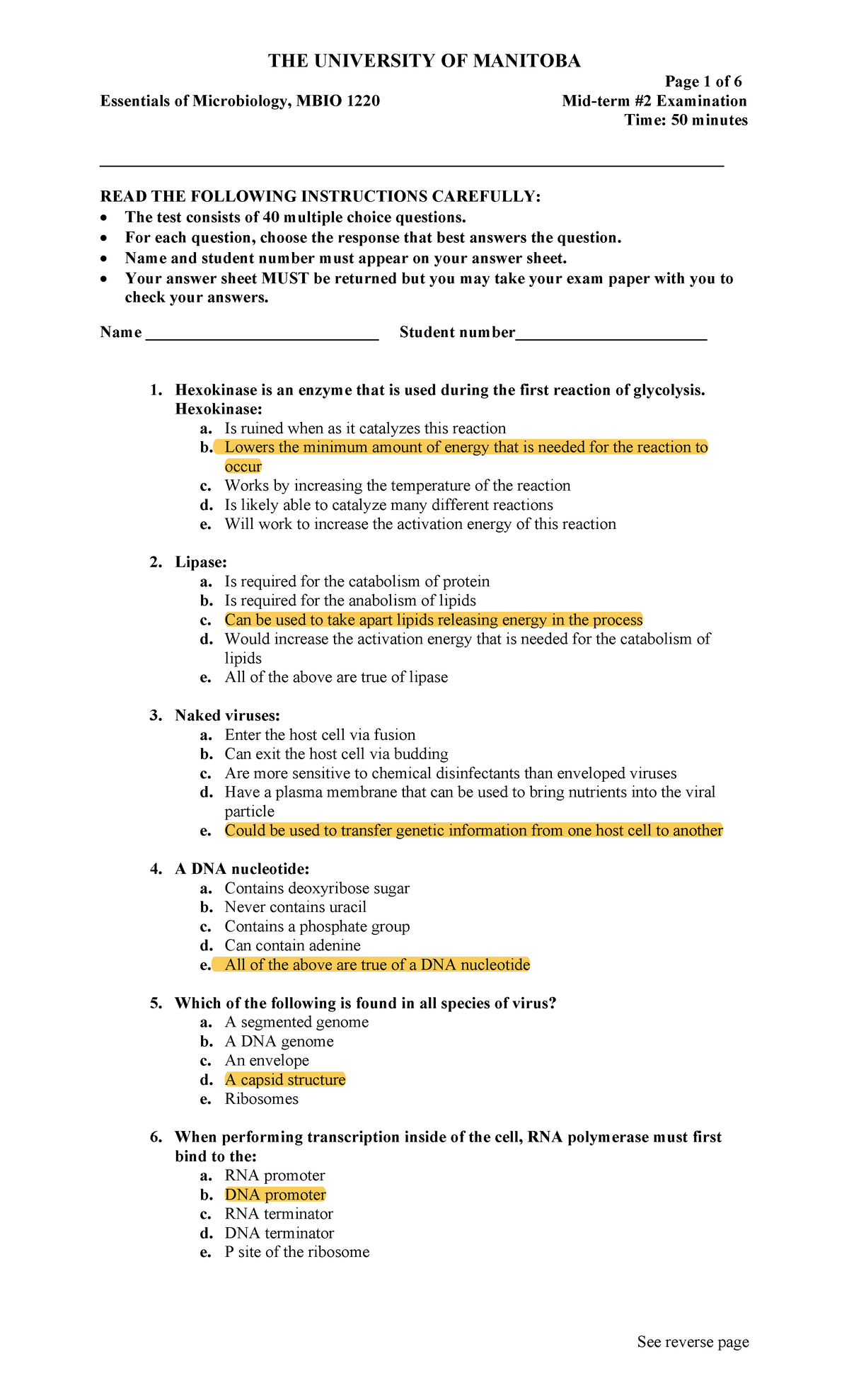 MBIO1220 Mid-term #2 1 - Page 1 of 6 Essentials of Microbiology, MBIO 1220 Mid-term # 2 ...