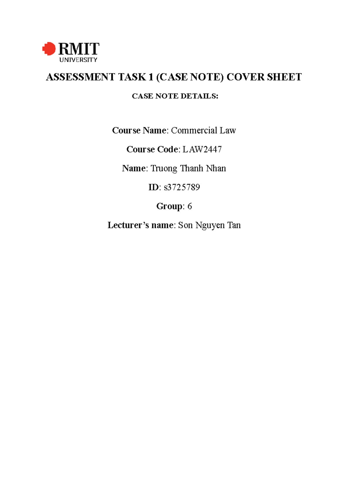 Comlaw 1 - Assignment 1 - ASSESSMENT TASK 1 (CASE NOTE) COVER SHEET ...