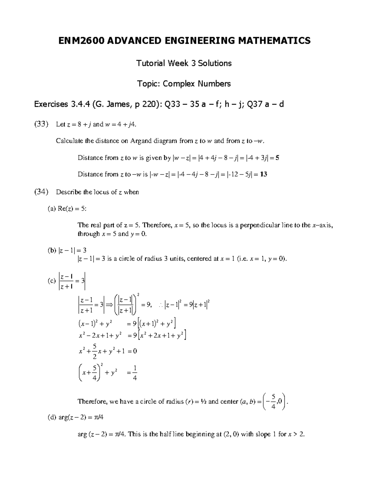 ENM2600 Tutorial Week 3-solutions - ENM2600 ADVANCED ENGINEERING MATHEMATICS Tutorial Week 3 ...
