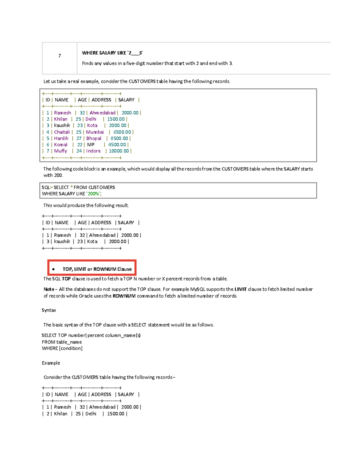 Sql Notes 18 22 Sql Lecture Notes By Professor Sujoy 7 Where Salary Like 23 Finds Any 