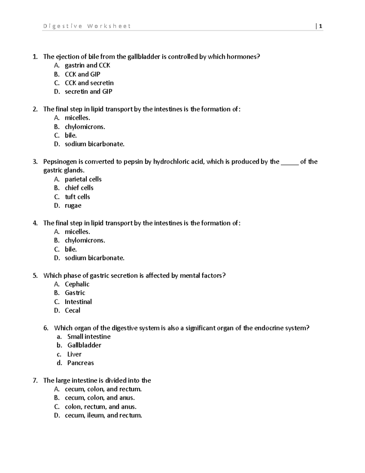 4 Digestive worksheet - The ejection of bile from the gallbladder is ...