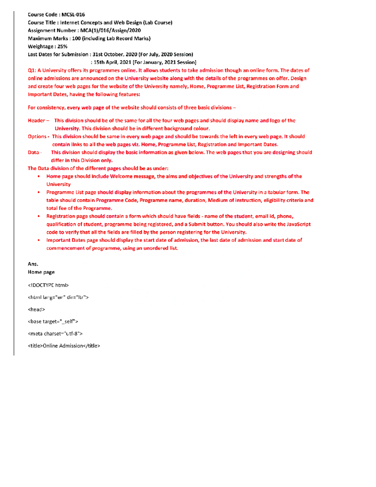 MCSL016 2020-21 - assignment - Internet Concepts and Web Design - Studocu