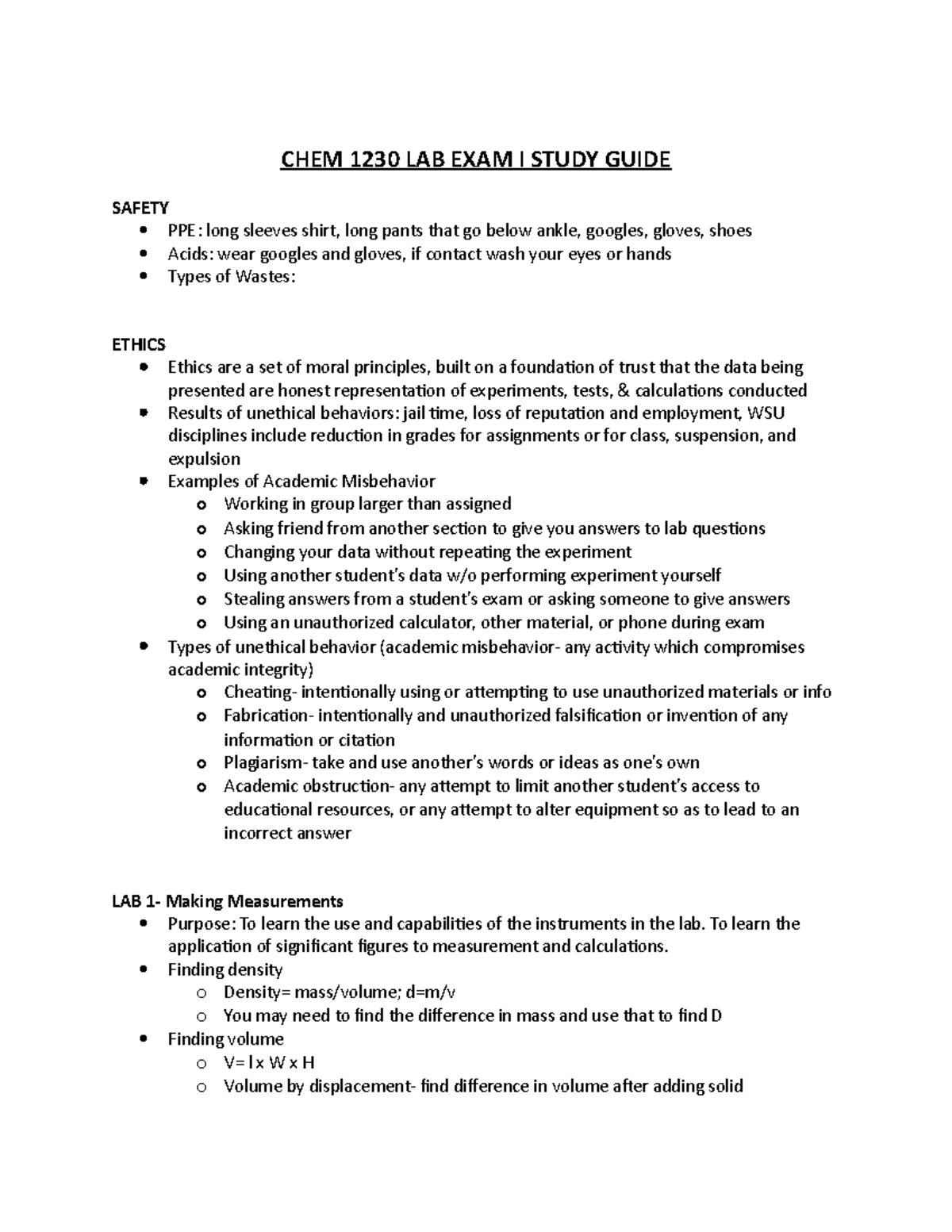 Lab Exam 1 Study Guide - test qs - CHEM 1230 LAB EXAM I STUDY GUIDE ...