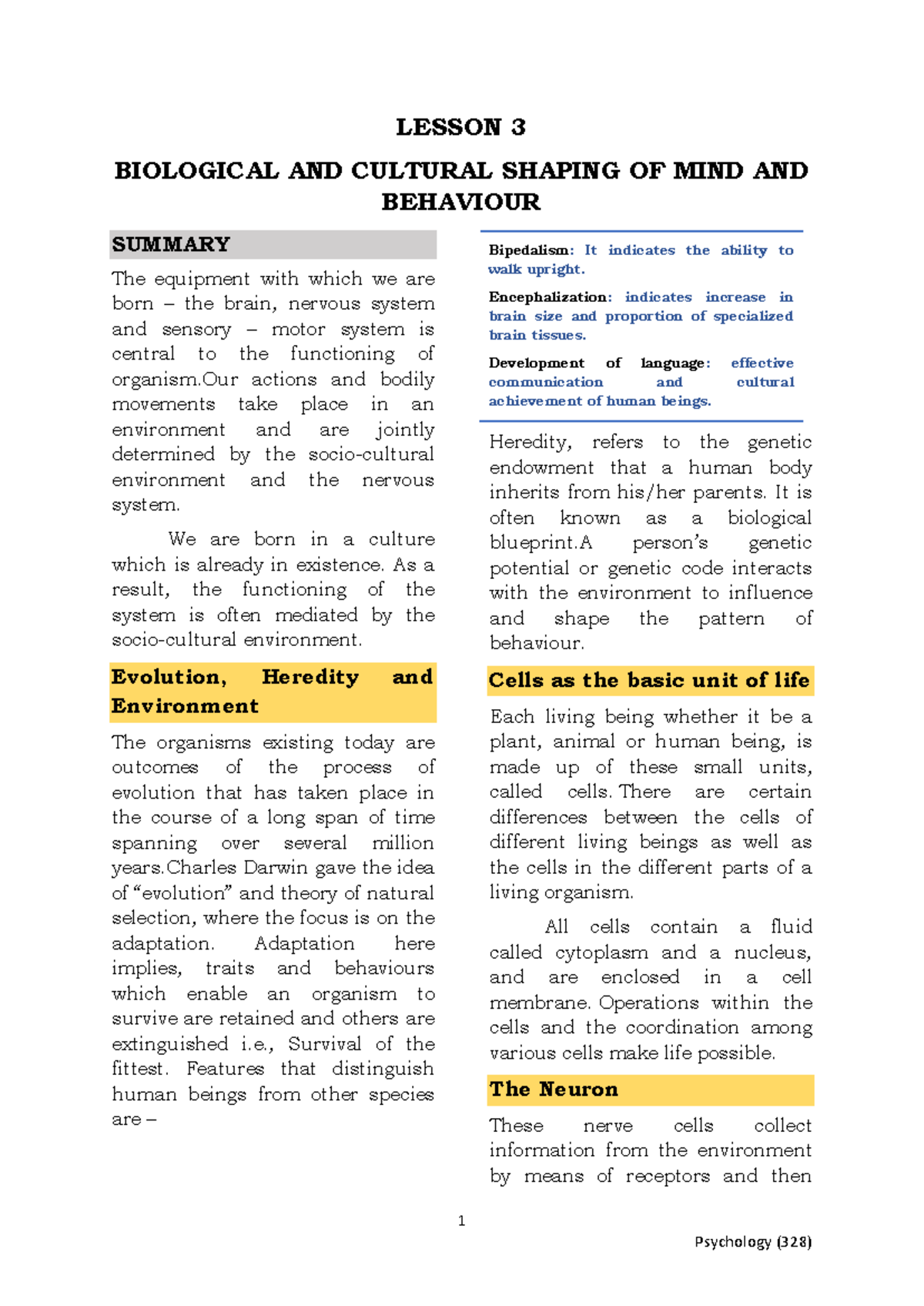 Biological AND Cultural Shaping OF MIND AND - 1 LESSON 3 BIOLOGICAL AND ...