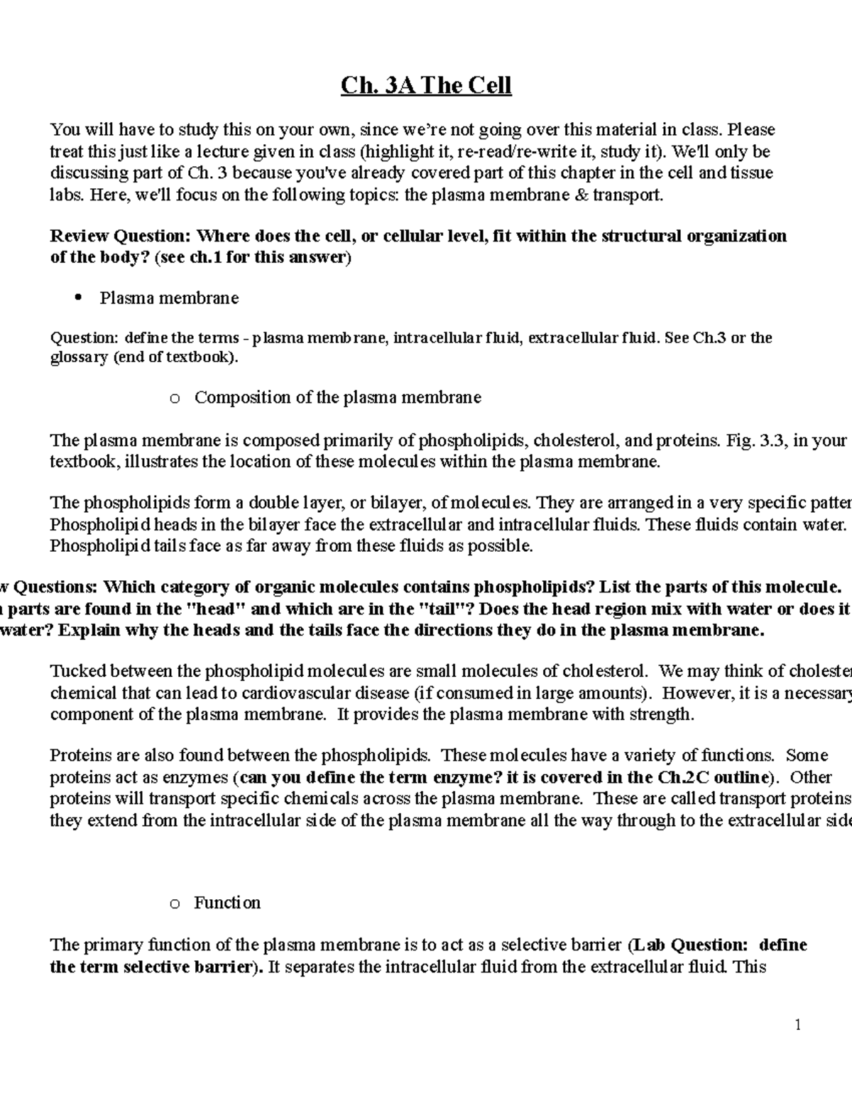 2401 Ch3a Catch Up Lecture the cell - Ch. 3A The Cell You will have to ...