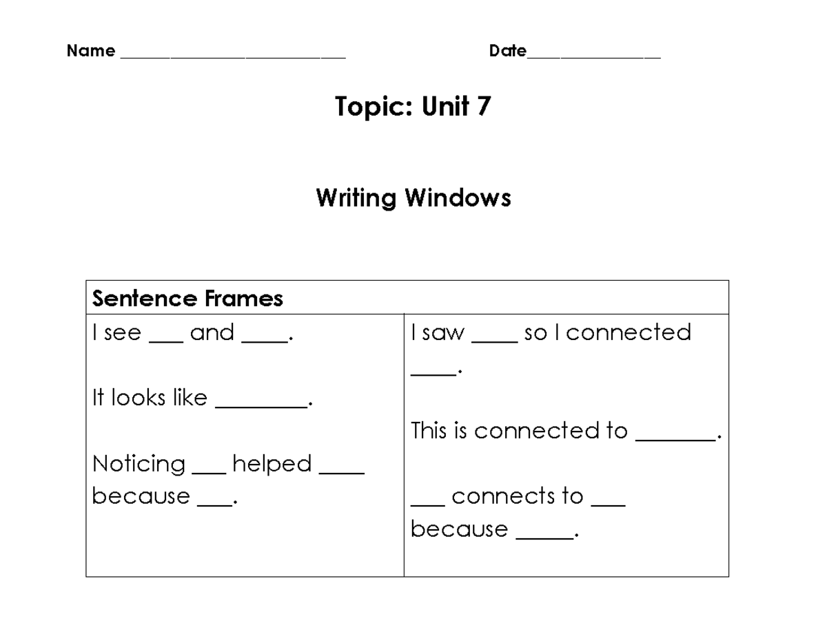 Copy of Unit 7 Writing Windows - Name ___________________________ Date ...