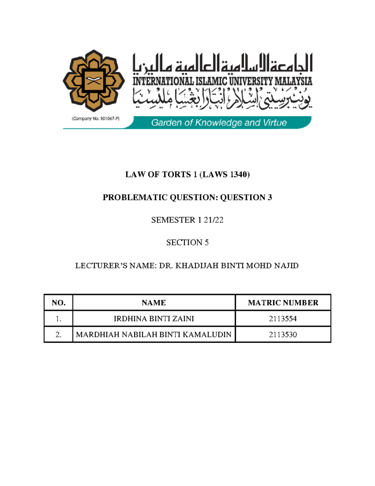 LAWS 1340 Written Assignment (Q3) - LAW OF TORTS 1 (LAWS 1340 ...