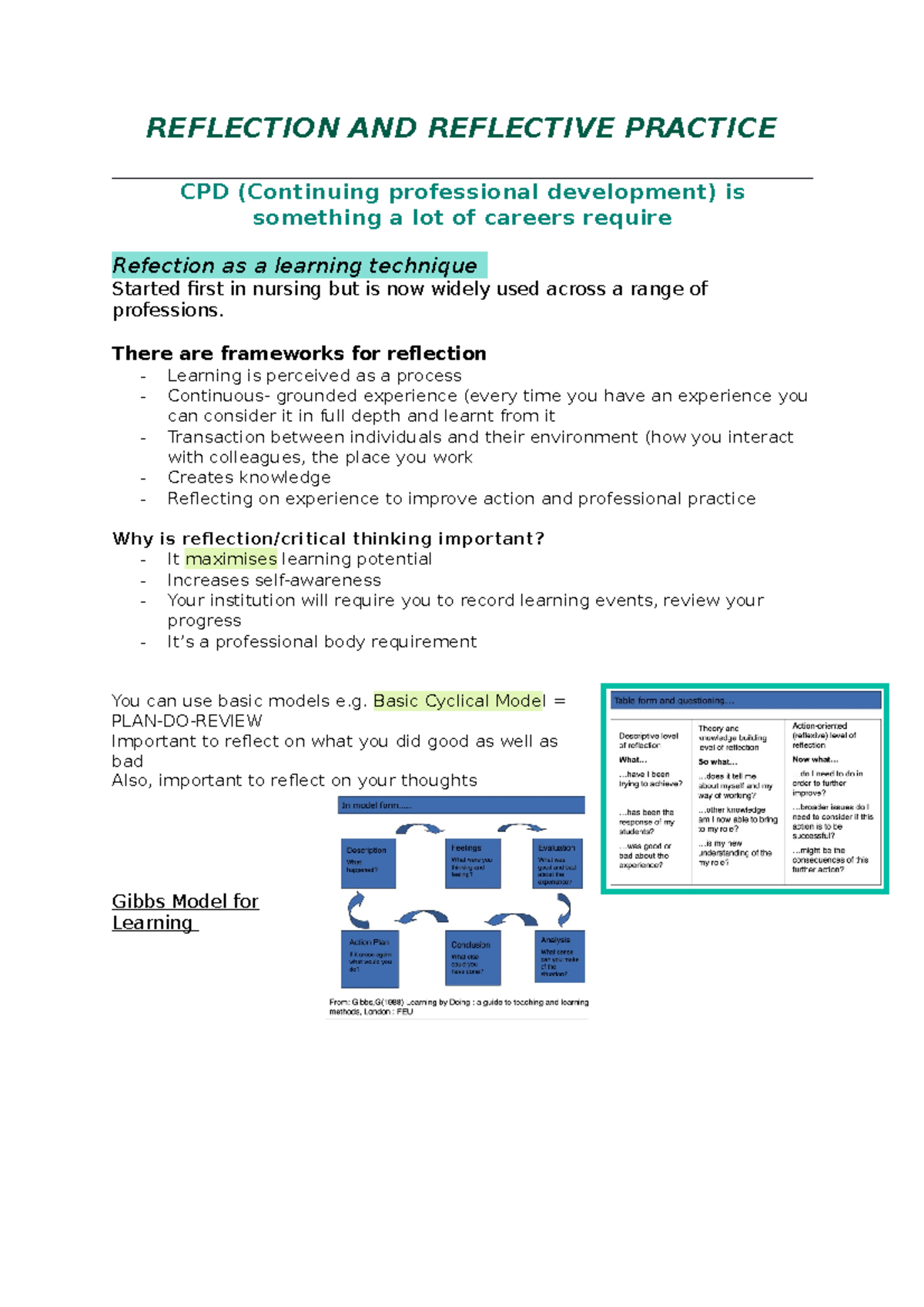Reflection AND Reflective Practice - REFLECTION AND REFLECTIVE PRACTICE ...