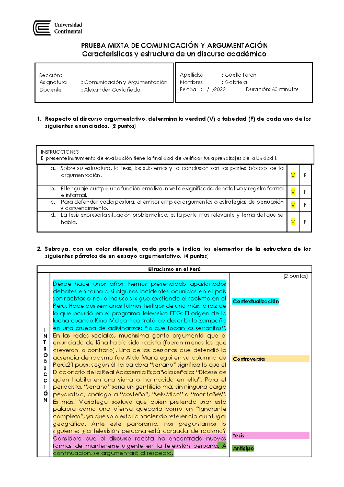 Prueba mixta-Consolidado 1 - PRUEBA MIXTA DE COMUNICACI”N Y ARGUMENTACI”N CaracterÌsticas y ...
