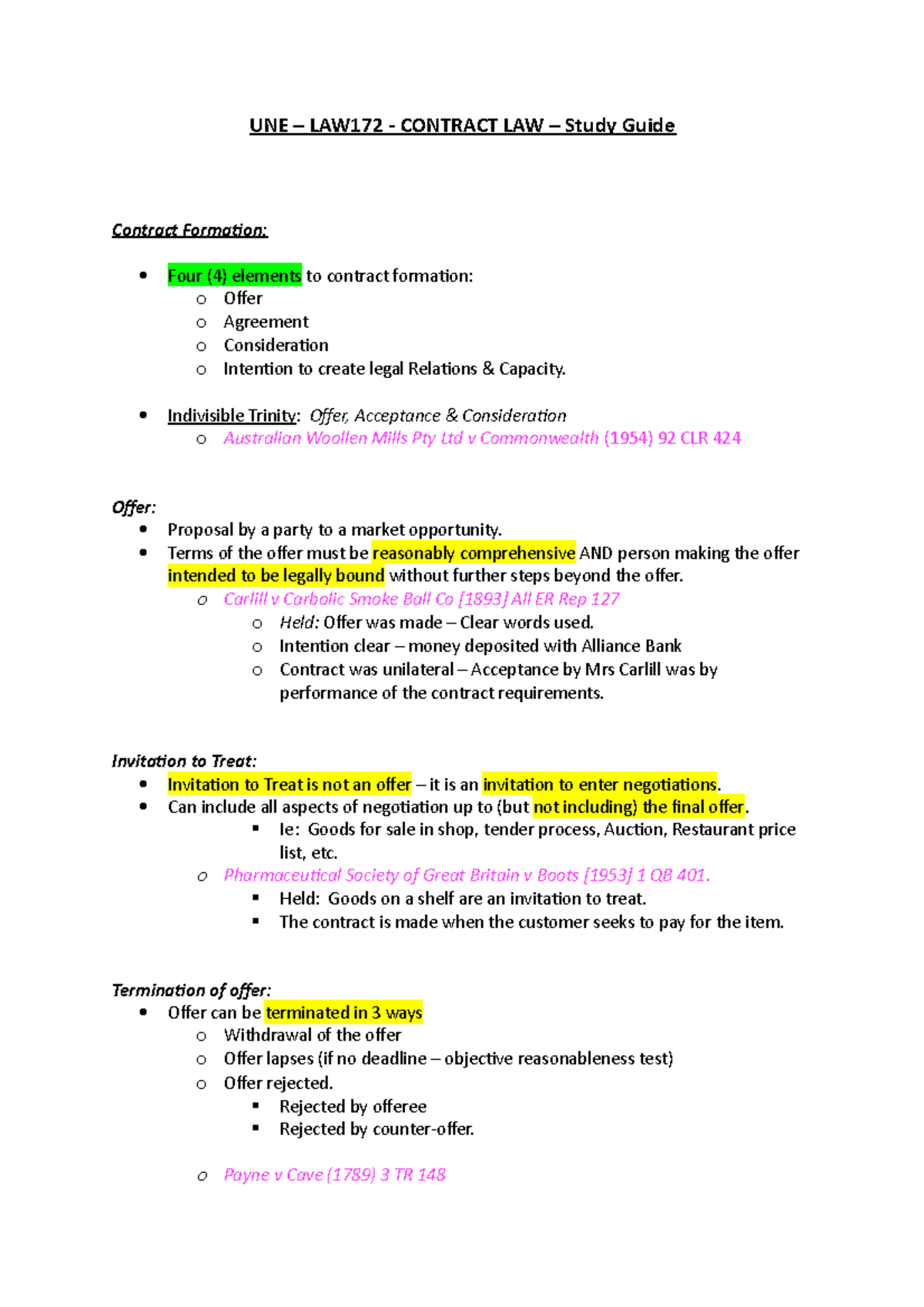 UNSW Real Property - Exam guide - UNE – LAW172 - CONTRACT LAW – Study ...