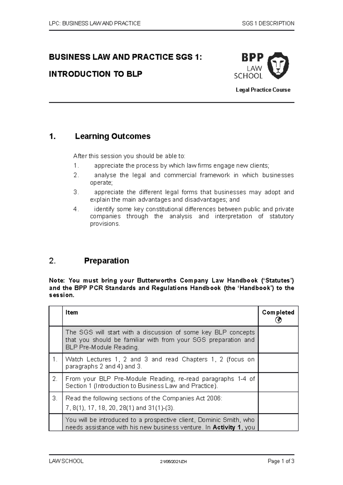 BLP SGS 1 Description 2022-23 - BPP - Studocu