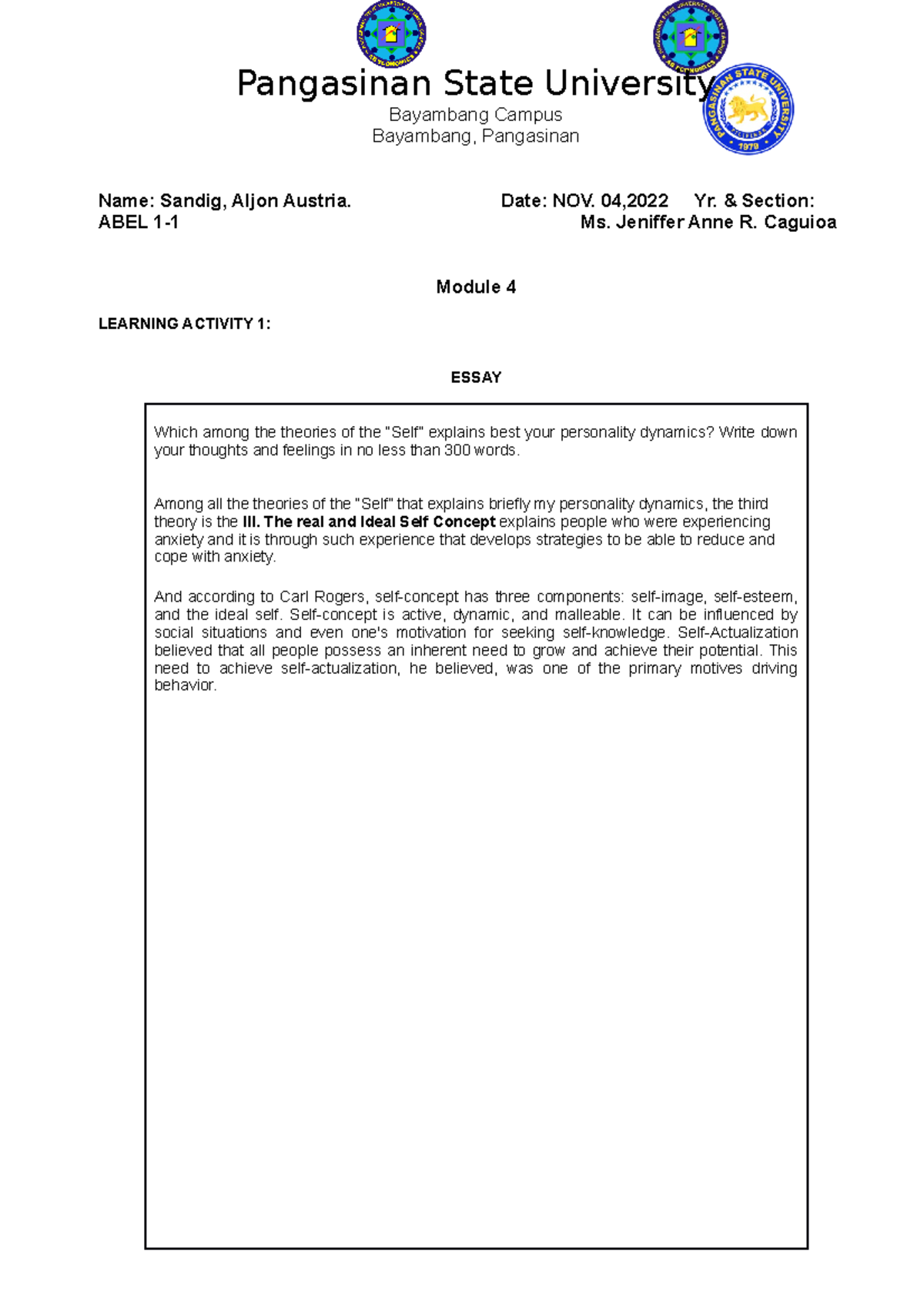 GE1 Module 4 Activity - Essay theories of self - Pangasinan State ...