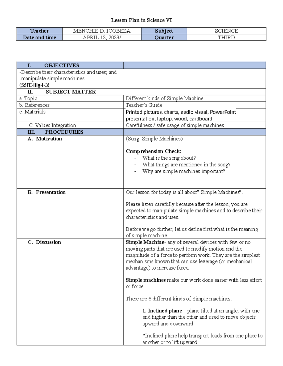 Sci 6 simple machine LP - Lesson Plan in Science VI Teacher MENCHIE D ...