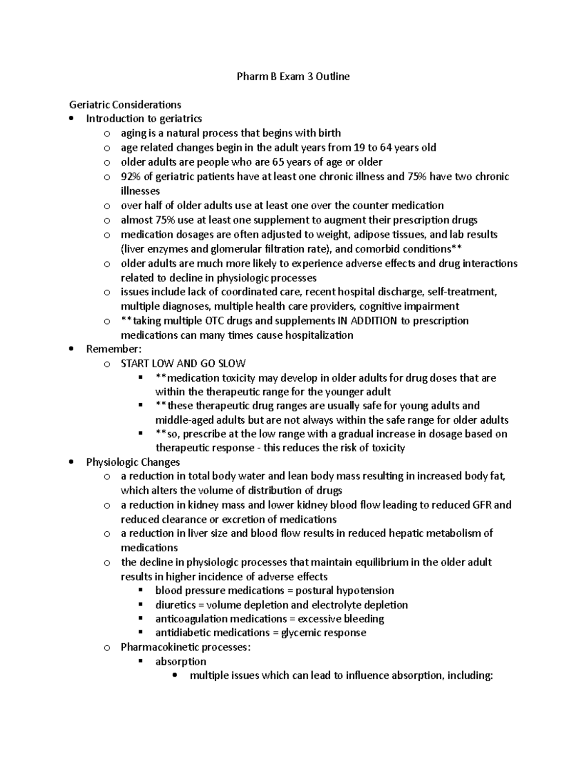 Exam 3 Outline - Pharm B Exam 3 Outline Geriatric Considerations ...