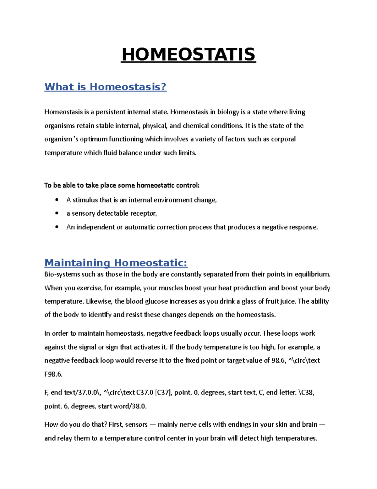 Homeostatis - O level notes for final - HOMEOSTATIS What is Homeostasis ...
