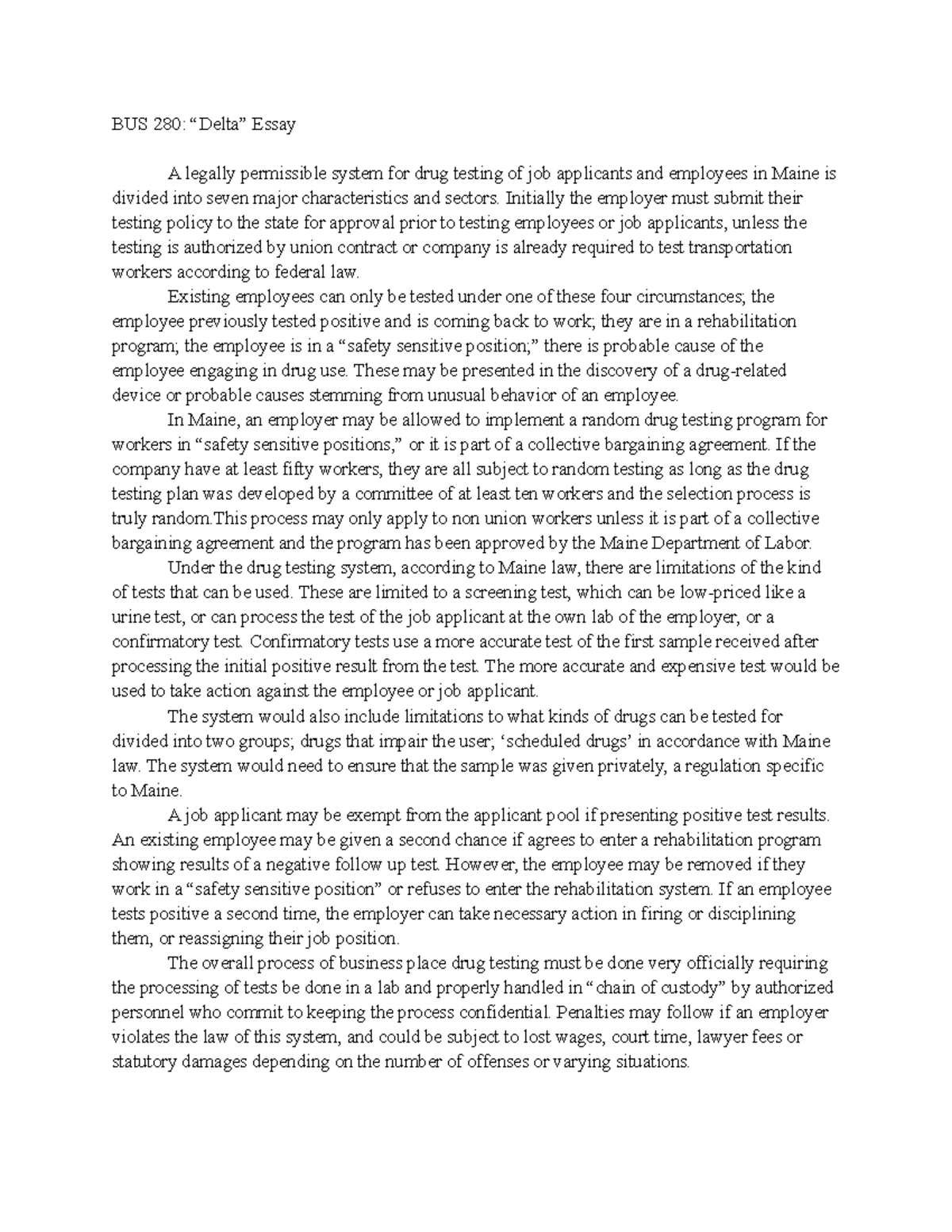 BUS 280- Delta Essay - BUS 280: “Delta” Essay A legally permissible ...