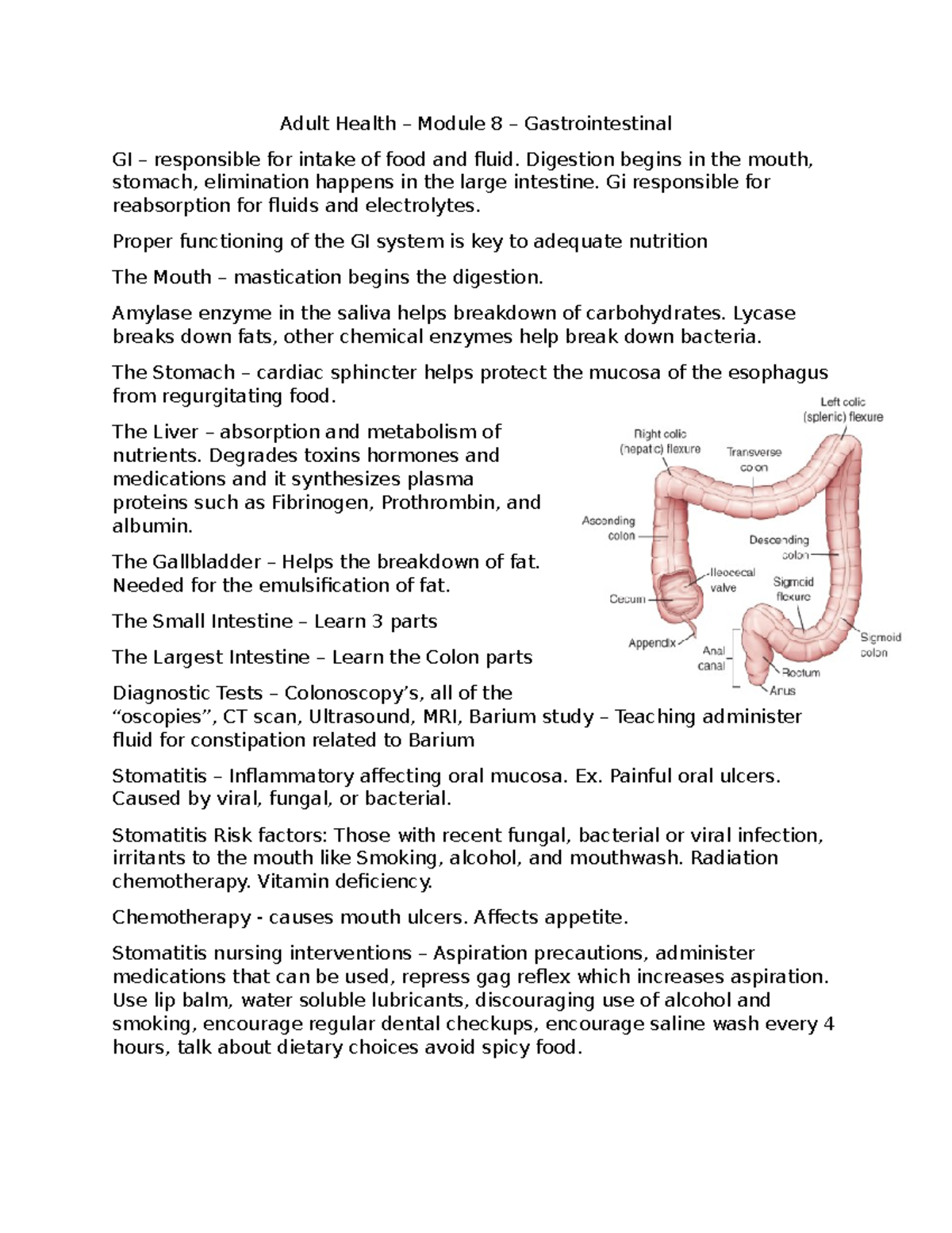 Module 8 - gastrointestinal - Adult Health – Module 8 ...