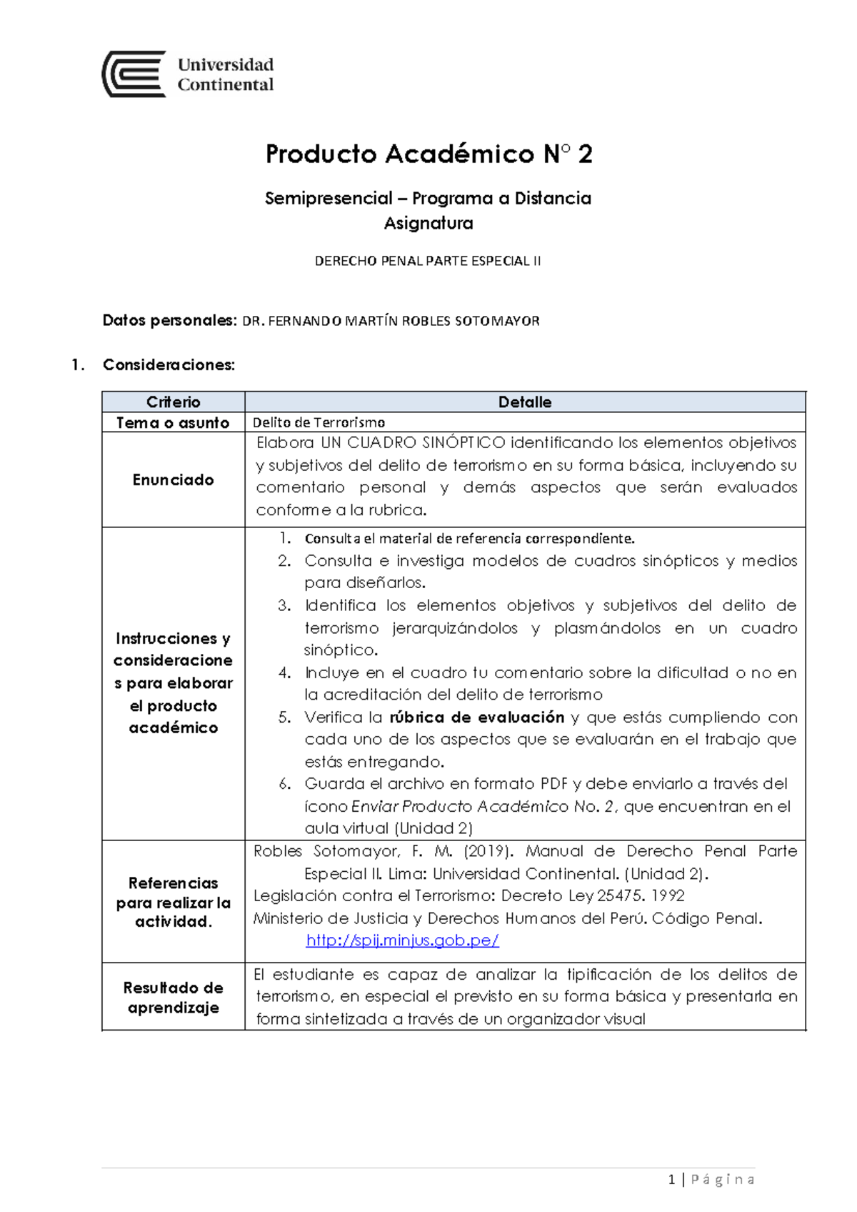 PA2 Tarea Individual 2024 10 - Derecho Penal Parte Especial II - Producto Académico N° 2 - Studocu