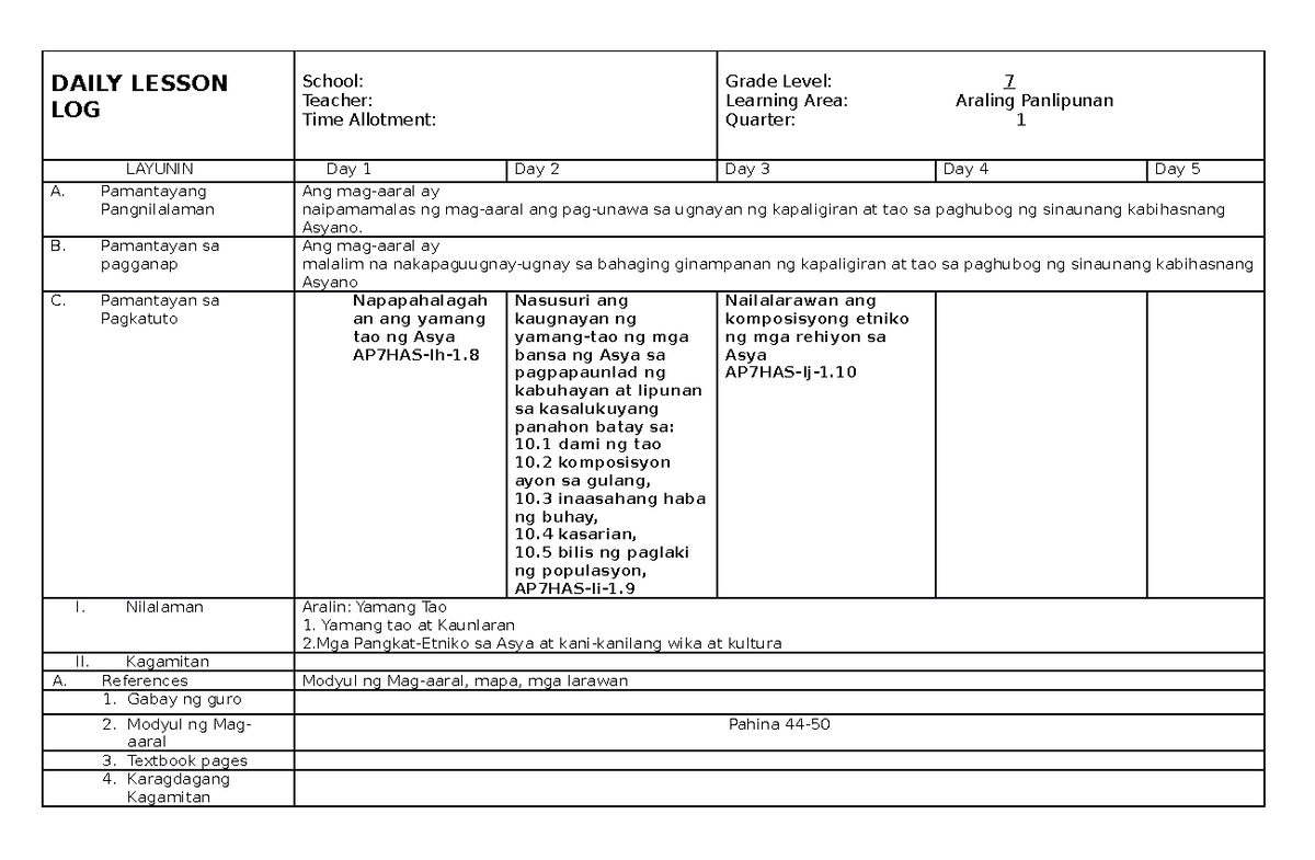 387868465 Araling Panlipunan 7 Dll Copy 1 - DAILY LESSON LOG School: Teacher: Time Allotment ...