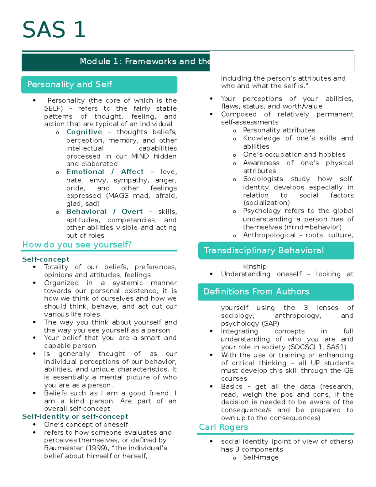 01 Frameworks and Theories About the Self - SAS 1 Personality (the core ...