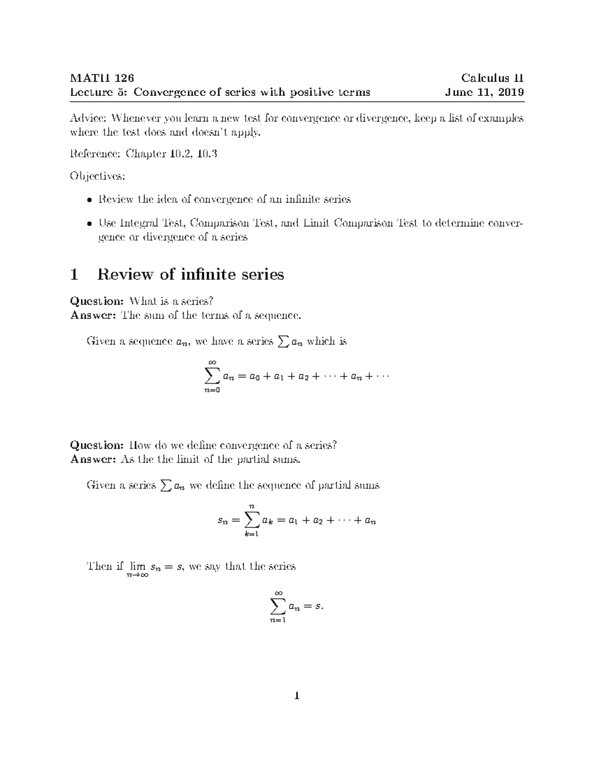 Lecture 5 - Excellent notes for chapter 5 , calc 2 series. - s t r ...
