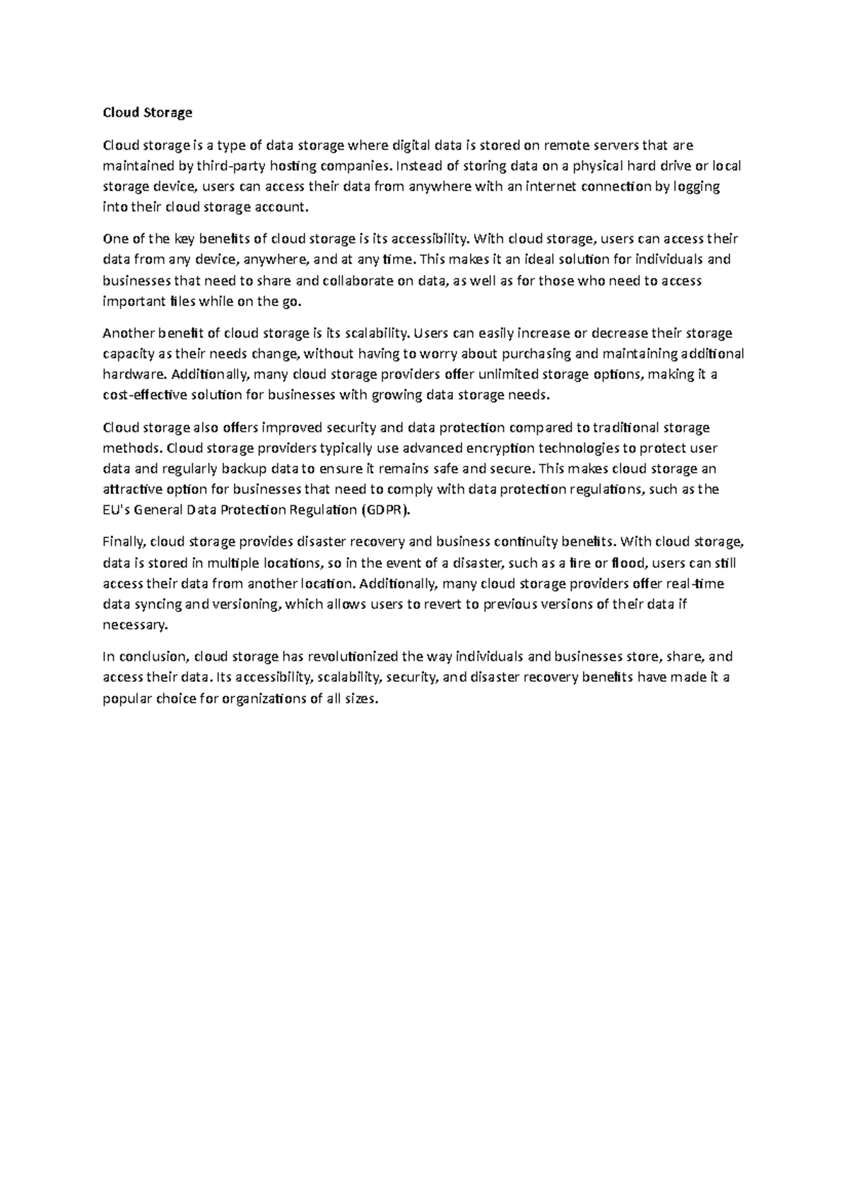 Summary report on Cloud Storage - Cloud Storage Cloud storage is a type ...