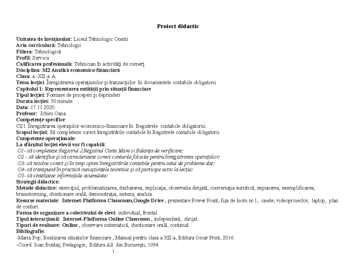 Proiect didactic M4 11C - Proiect didactic Unitatea de învăţământ ...