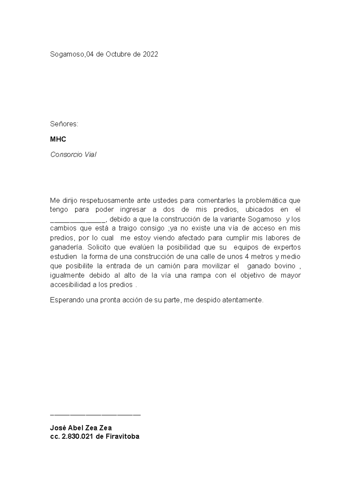 Carta - asdf - Sogamoso,04 de Octubre de 2022 Señores: MHC Consorcio ...